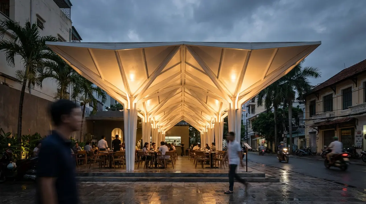 Outpoll | Origami-Inspired Steel Canopy Illuminates Vietnamese ...