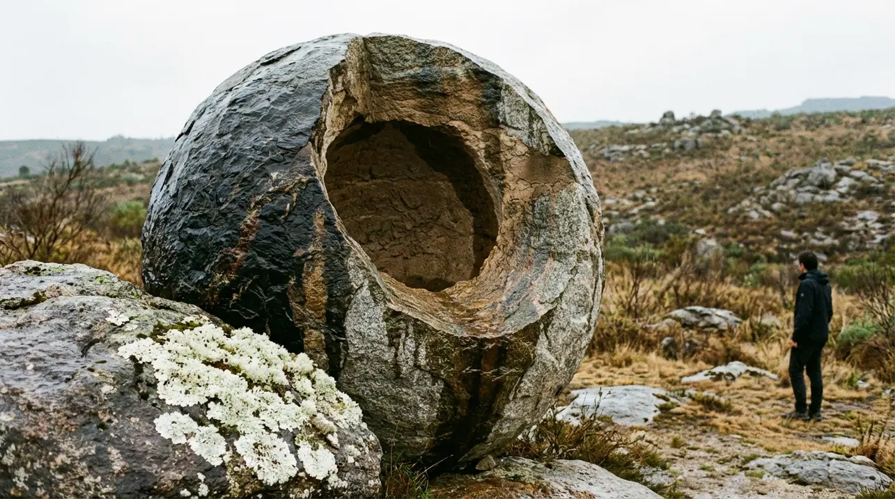 Outpoll | Sphere land installation sculpted from black schist and ...